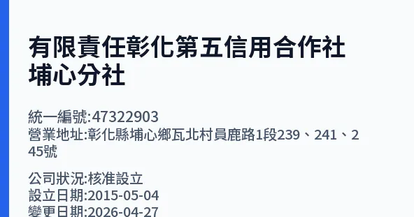 有限責任彰化第五信用合作社埔心分社的照片-統編 47322903(彰化縣) 公司登記資料與營業項目詳細圖表