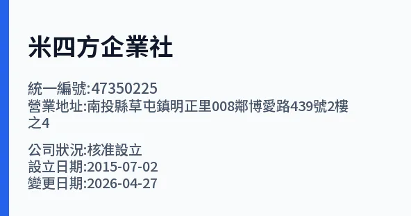 米四方企業社的照片-統編 47350225(南投縣) 公司登記資料與營業項目詳細圖表