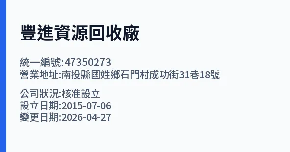 豐進資源回收廠的照片-統編 47350273(南投縣) 公司登記資料與營業項目詳細圖表