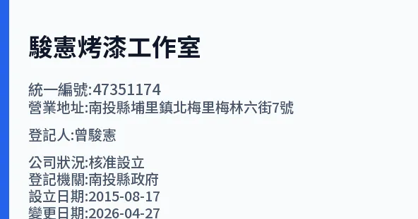 駿憲烤漆工作室的照片-統編 47351174(南投縣) 公司登記資料與營業項目詳細圖表