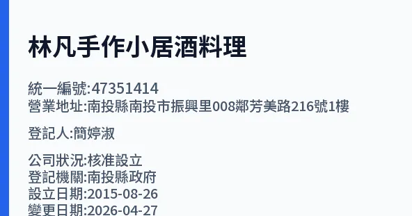 林凡手作小居酒料理的照片-統編 47351414(南投縣) 公司登記資料與營業項目詳細圖表