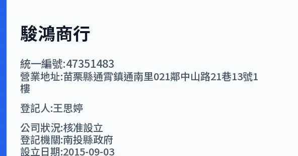 駿鴻商行的照片-統編 47351483(苗栗縣) 公司登記資料與營業項目詳細圖表