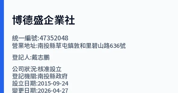博德盛企業社的照片-統編 47352048(南投縣) 公司登記資料與營業項目詳細圖表