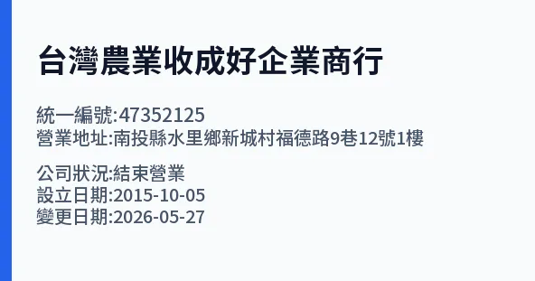 台灣農業收成好企業商行的照片-統編 47352125(南投縣) 公司登記資料與營業項目詳細圖表