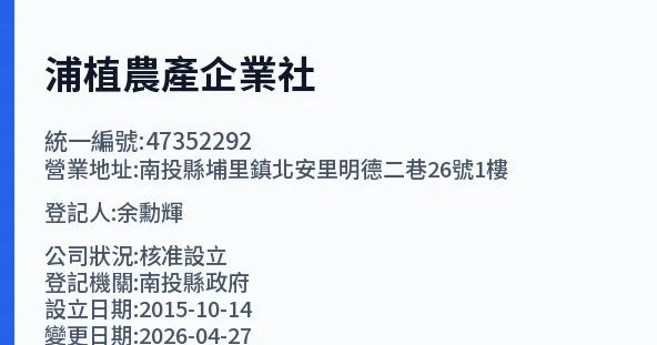 浦植農產企業社的照片-統編 47352292(南投縣) 公司登記資料與營業項目詳細圖表