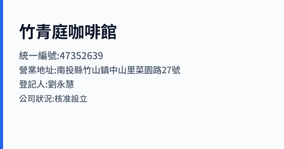 竹青庭咖啡館 - 統編 47352639(南投縣) 公司登記資料與營業項目詳細圖表
