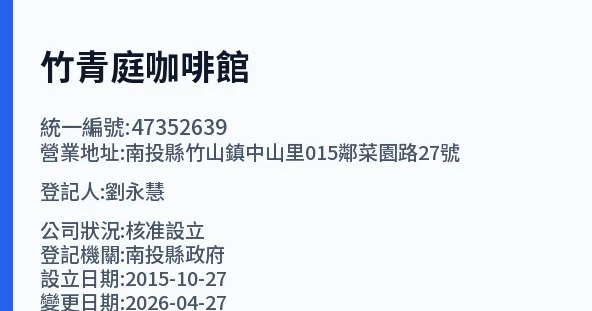 竹青庭咖啡館的照片-統編 47352639(南投縣) 公司登記資料與營業項目詳細圖表