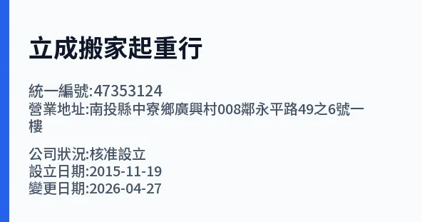 立成搬家起重行的照片-統編 47353124(南投縣) 公司登記資料與營業項目詳細圖表