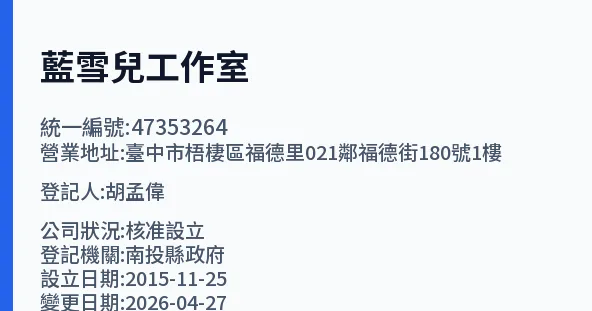 藍雪兒工作室的照片-統編 47353264(臺中市) 公司登記資料與營業項目詳細圖表