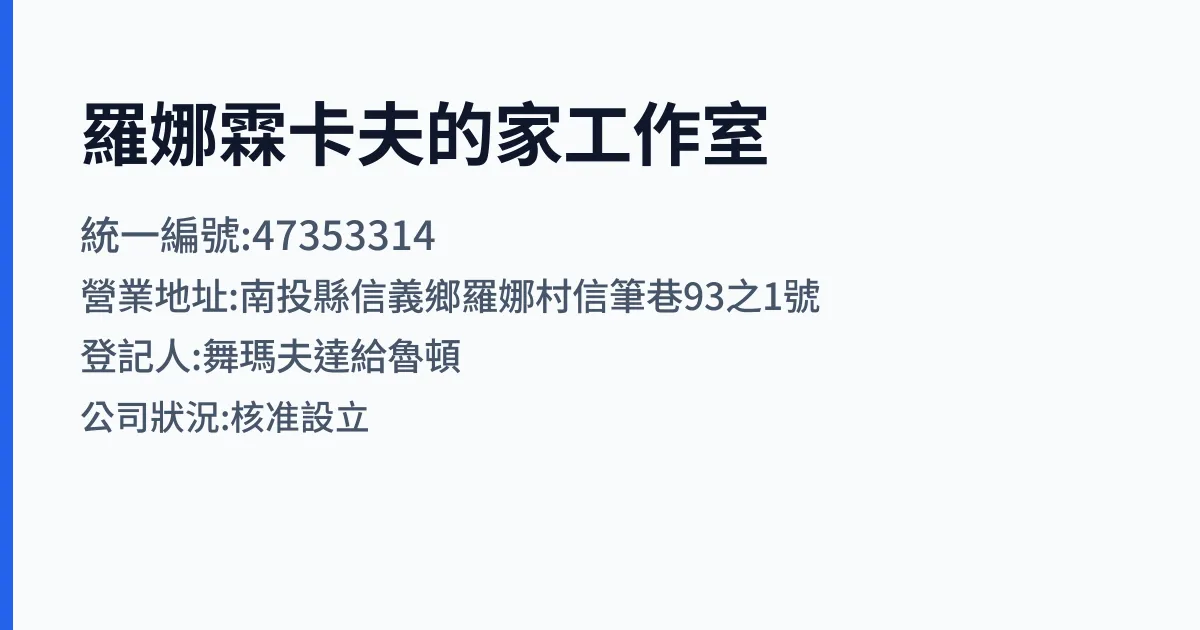 羅娜霖卡夫的家工作室 - 統編 47353314(南投縣) 公司登記資料與營業項目詳細圖表