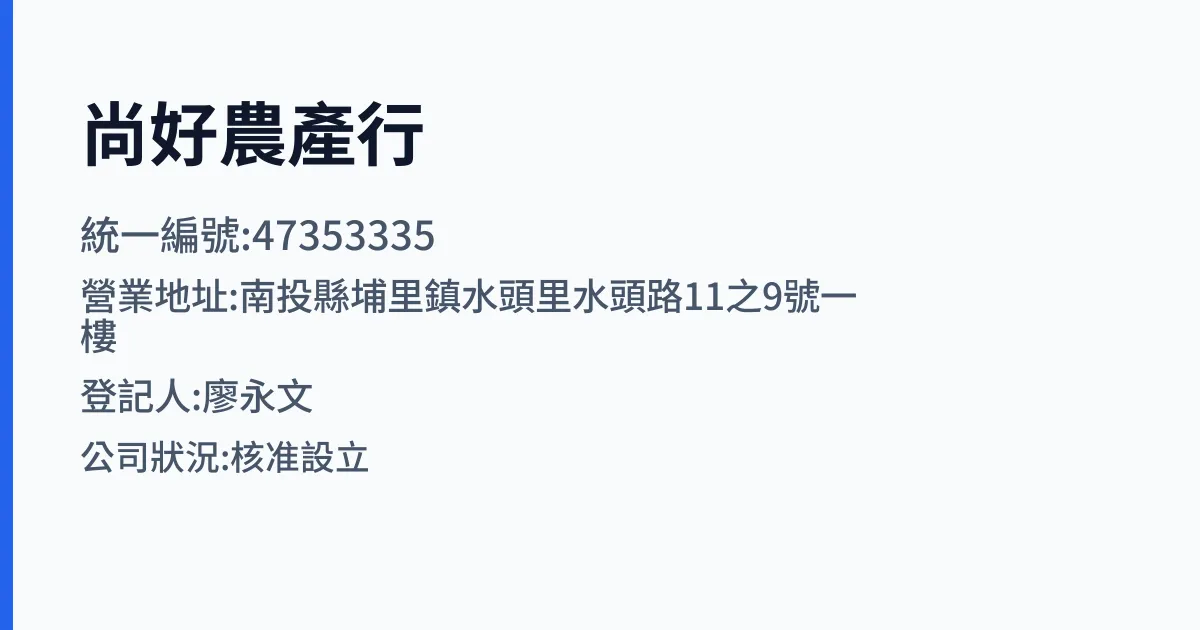 尚好農產行 - 統編 47353335(南投縣) 公司登記資料與營業項目詳細圖表