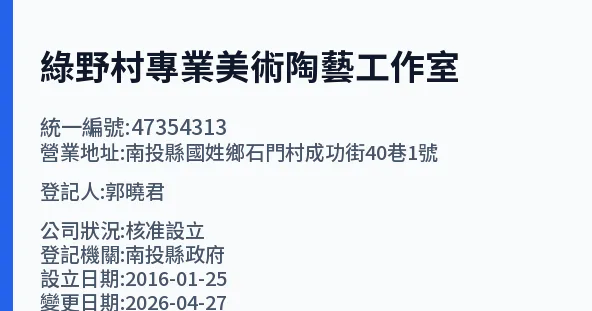 綠野村專業美術陶藝工作室的照片-統編 47354313(南投縣) 公司登記資料與營業項目詳細圖表
