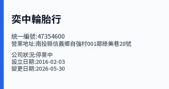 奕中輪胎行的照片-統編 47354600(南投縣) 公司登記資料與營業項目詳細圖表