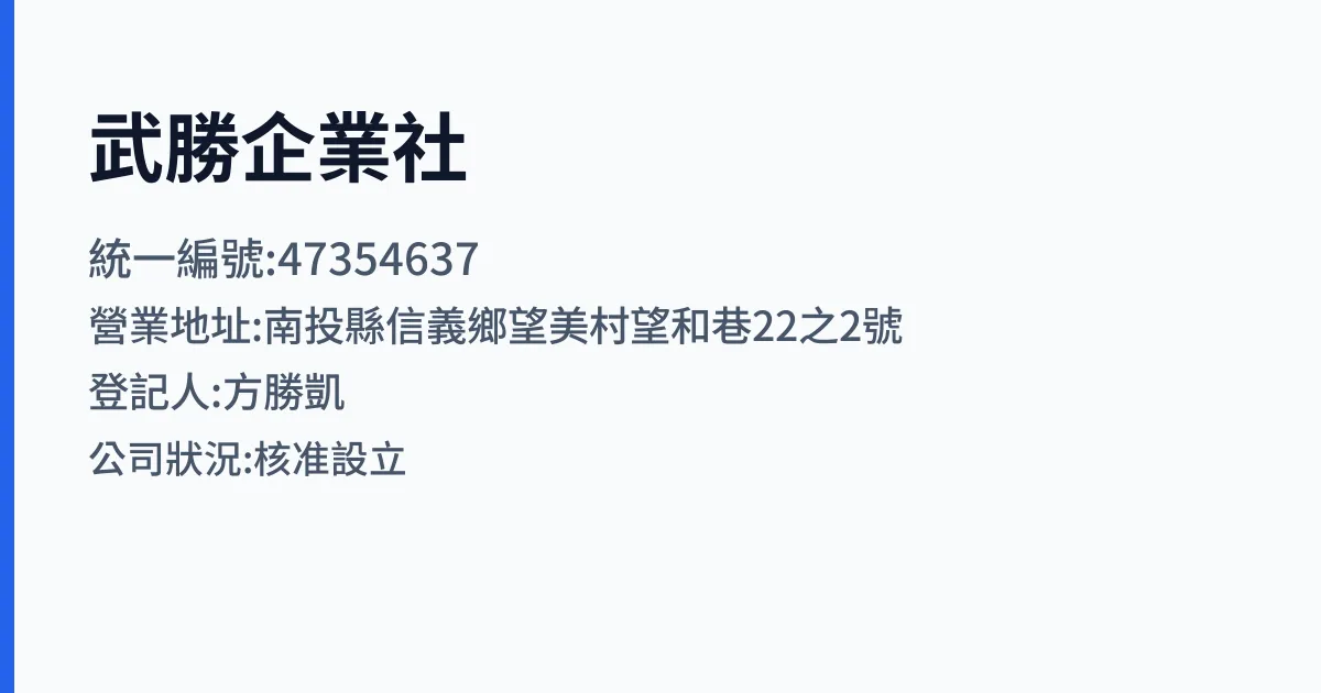 武勝企業社 - 統編 47354637(南投縣) 公司登記資料與營業項目詳細圖表