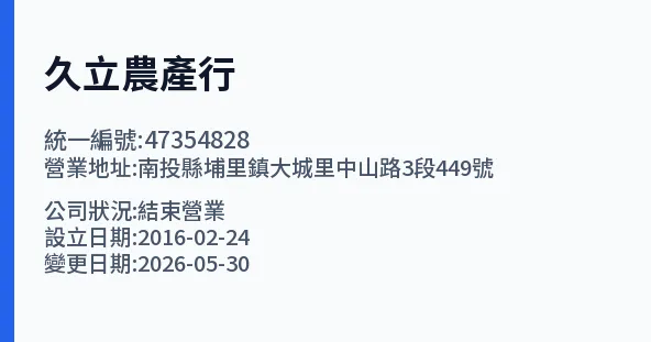 久立農產行的照片-統編 47354828(南投縣) 公司登記資料與營業項目詳細圖表