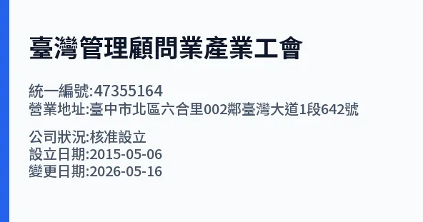臺灣管理顧問業產業工會的照片-統編 47355164(臺中市) 公司登記資料與營業項目詳細圖表