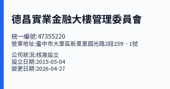 德昌實業金融大樓管理委員會的照片-統編 47355220(臺中市) 公司登記資料與營業項目詳細圖表