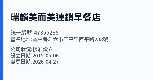 瑞麟美而美連鎖早餐店的照片-統編 47355235(雲林縣) 公司登記資料與營業項目詳細圖表