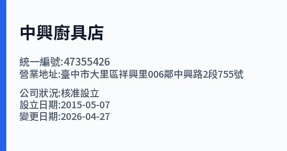 中興廚具店的照片-統編 47355426(臺中市) 公司登記資料與營業項目詳細圖表