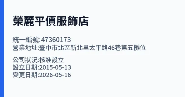 榮麗平價服飾店的照片-統編 47360173(臺中市) 公司登記資料與營業項目詳細圖表