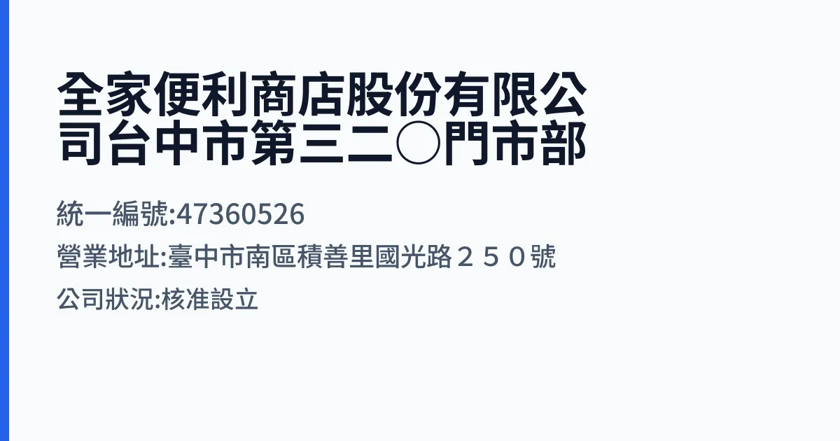 全家便利商店股份有限公司台中市第三二○門市部 - 統編 47360526(臺中市) 公司登記資料與營業項目詳細圖表