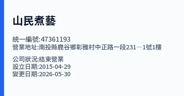 山民煮藝的照片-統編 47361193(南投縣) 公司登記資料與營業項目詳細圖表