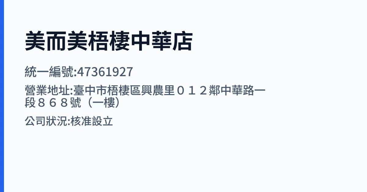 美而美梧棲中華店 - 統編 47361927(臺中市) 公司登記資料與營業項目詳細圖表