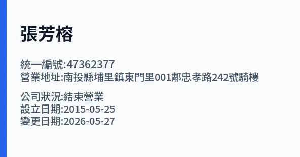 張芳榕的照片-統編 47362377(南投縣) 公司登記資料與營業項目詳細圖表