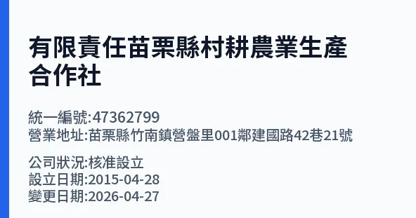 有限責任苗栗縣村耕農業生產合作社的照片-統編 47362799(苗栗縣) 公司登記資料與營業項目詳細圖表