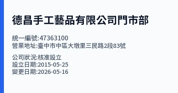德昌手工藝品有限公司門市部的照片-統編 47363100(臺中市) 公司登記資料與營業項目詳細圖表