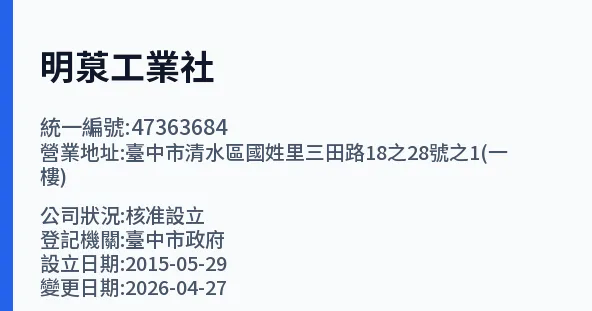 明葲工業社的照片-統編 47363684(臺中市) 公司登記資料與營業項目詳細圖表