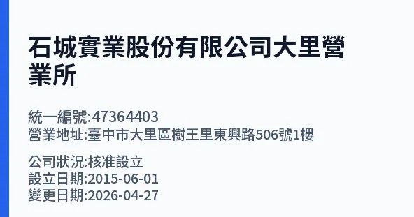 石城實業股份有限公司大里營業所的照片-統編 47364403(臺中市) 公司登記資料與營業項目詳細圖表