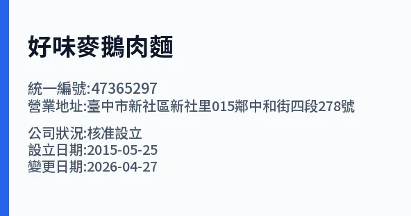 好味麥鵝肉麵的照片-統編 47365297(臺中市) 公司登記資料與營業項目詳細圖表
