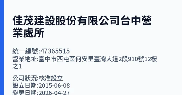 佳茂建設股份有限公司台中營業處所的照片-統編 47365515(臺中市) 公司登記資料與營業項目詳細圖表