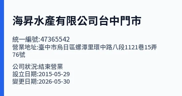海昇水產有限公司台中門市的照片-統編 47365542(臺中市) 公司登記資料與營業項目詳細圖表