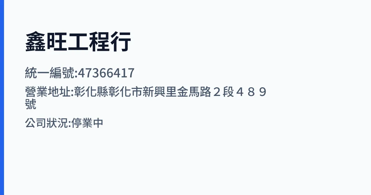 鑫旺工程行 - 統編 47366417(彰化縣) 公司登記資料與營業項目詳細圖表