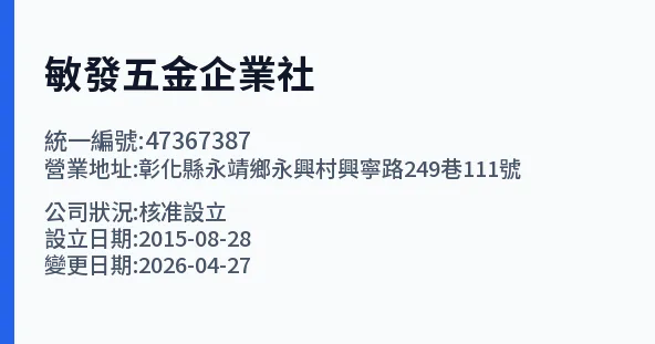 敏發五金企業社的照片-統編 47367387(彰化縣) 公司登記資料與營業項目詳細圖表