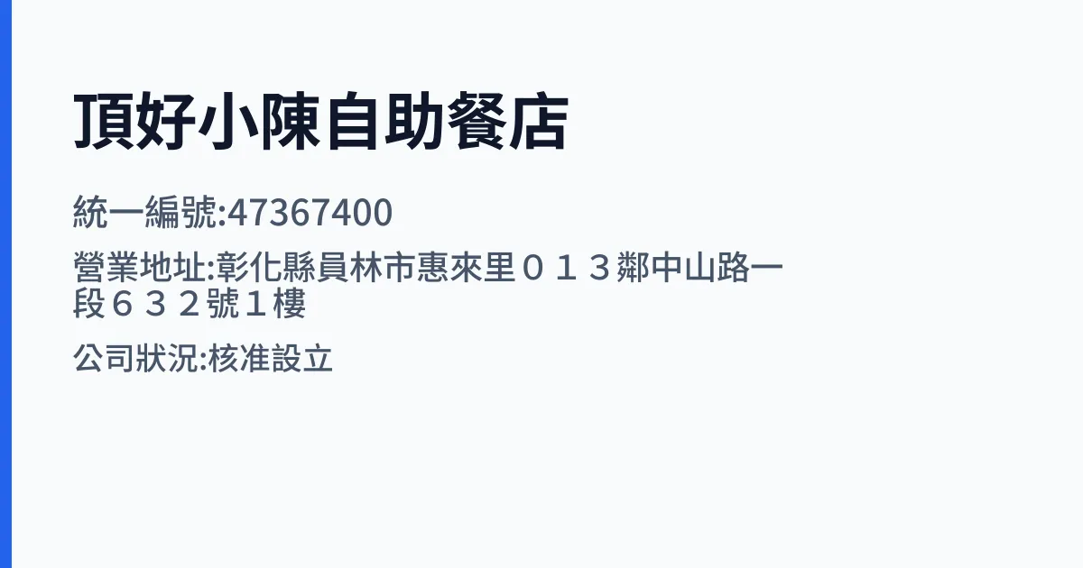 頂好小陳自助餐店 - 統編 47367400(彰化縣) 公司登記資料與營業項目詳細圖表