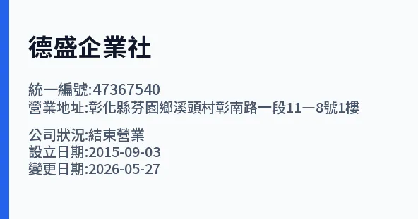德盛企業社的照片-統編 47367540(彰化縣) 公司登記資料與營業項目詳細圖表
