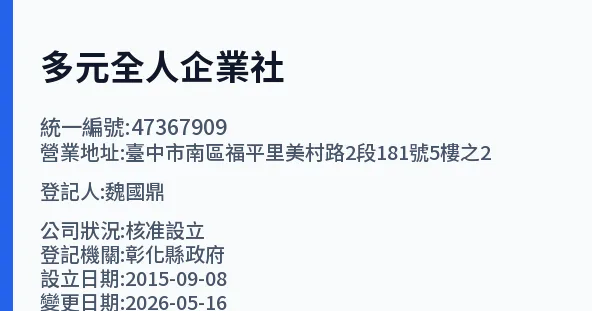 多元全人企業社的照片-統編 47367909(臺中市) 公司登記資料與營業項目詳細圖表