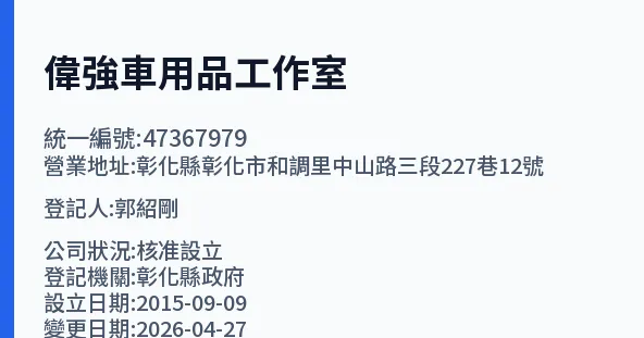 偉強車用品工作室的照片-統編 47367979(彰化縣) 公司登記資料與營業項目詳細圖表