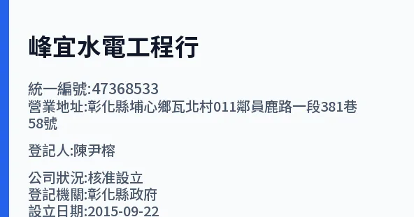 峰宜水電工程行的照片-統編 47368533(彰化縣) 公司登記資料與營業項目詳細圖表