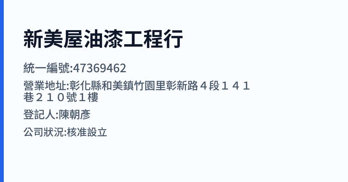 新美屋油漆工程行 - 統編 47369462(彰化縣) 公司登記資料與營業項目詳細圖表