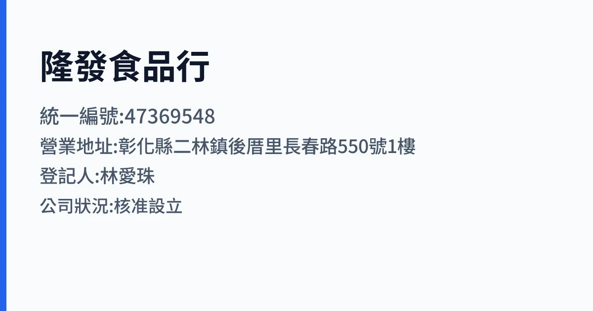 隆發食品行 - 統編 47369548(彰化縣) 公司登記資料與營業項目詳細圖表