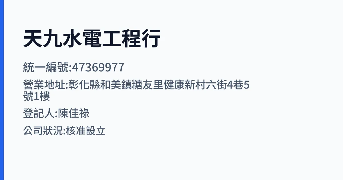 天九水電工程行 - 統編 47369977(彰化縣) 公司登記資料與營業項目詳細圖表
