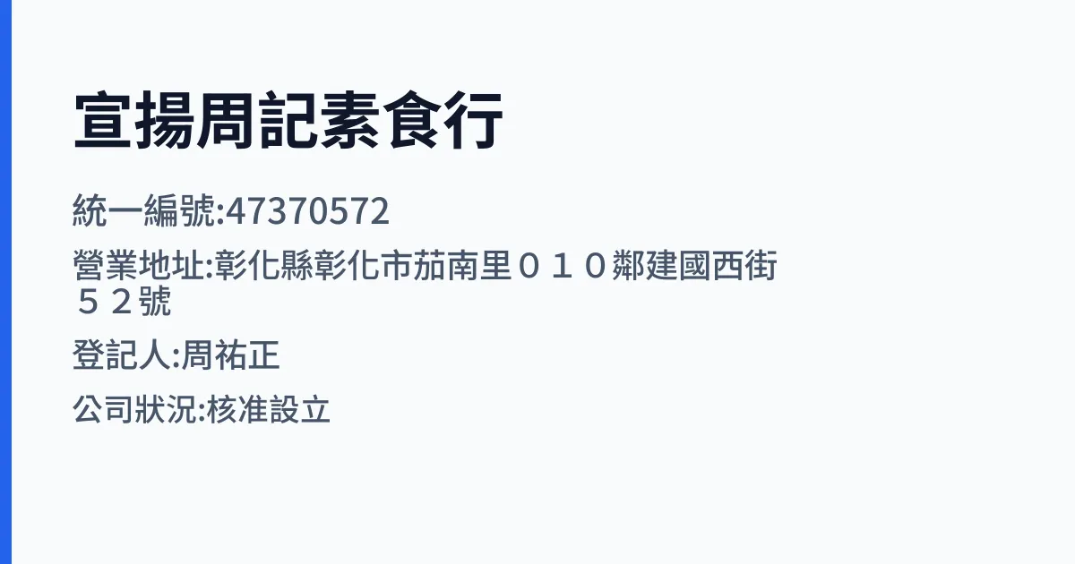 宣揚周記素食行 - 統編 47370572(彰化縣) 公司登記資料與營業項目詳細圖表