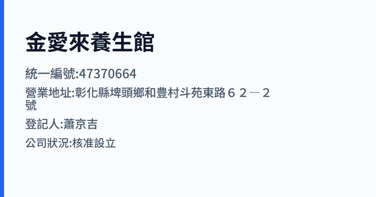 金愛來養生館 - 統編 47370664(彰化縣) 公司登記資料與營業項目詳細圖表