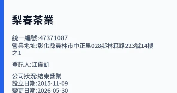 梨春茶業的照片-統編 47371087(彰化縣) 公司登記資料與營業項目詳細圖表