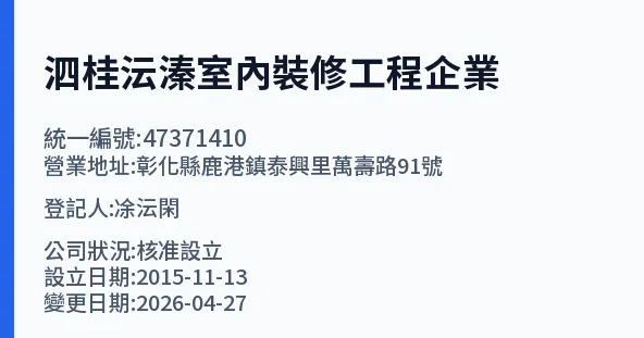 泗桂沄溱室內裝修工程企業的照片-統編 47371410(彰化縣) 公司登記資料與營業項目詳細圖表