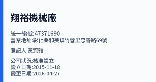 翔裕機械廠的照片-統編 47371690(彰化縣) 公司登記資料與營業項目詳細圖表